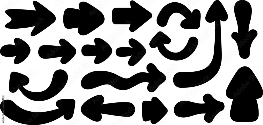 Groovy hippie 70s rounded arrow set. Funny fat bold cartoon arrows ...