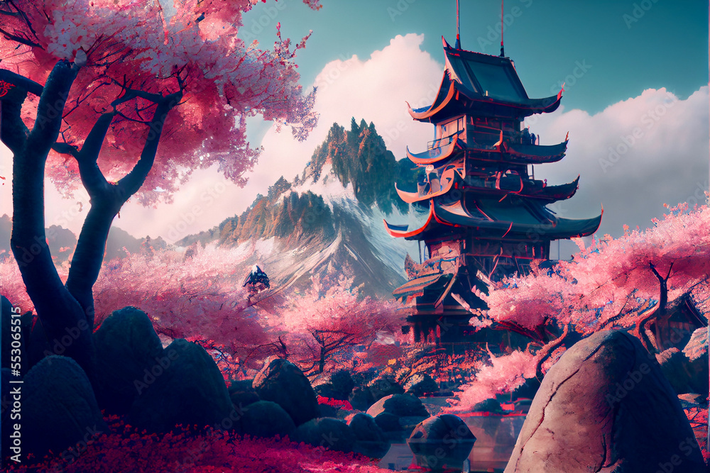 Generative AI render of a Japanese fantasy landscape Stock Illustration ...