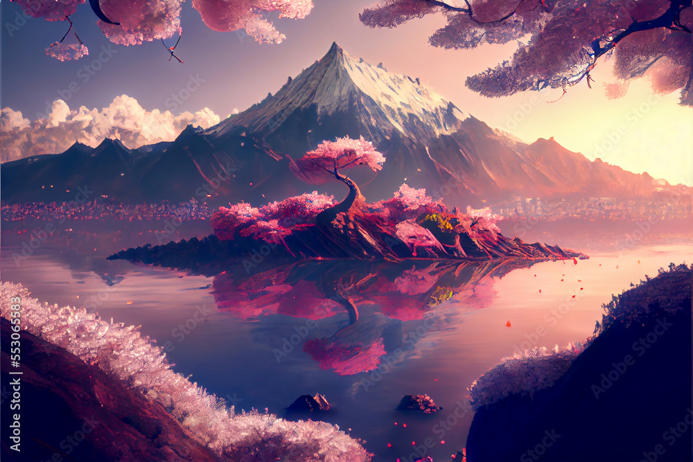 Generative AI render of a Japanese fantasy landscape Stock Illustration ...