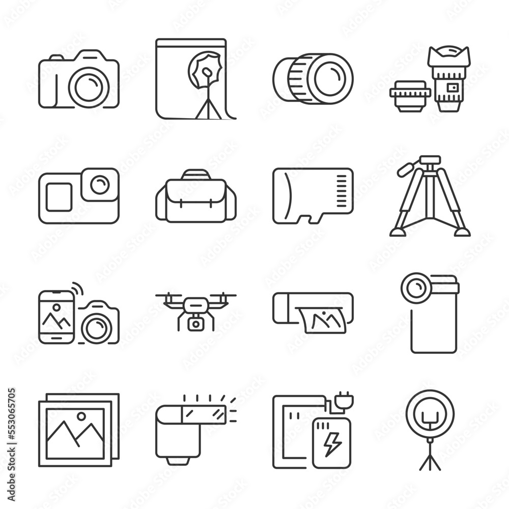 Camera and accessories icons set. Photo studio, linear icon collection ...