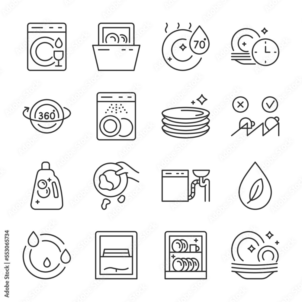 Dishwasher icons set. Kitchen appliances for washing dishes and cutlery ...