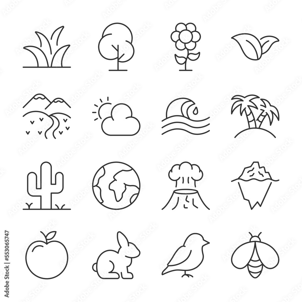 Nature icons set. Natural phenomena, terrain, plants and animals ...