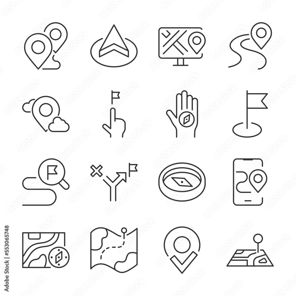 Navigation, geolocation icons set. Position on the ground, map ...