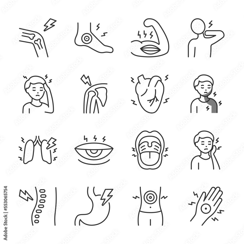 Pain icons set. Feeling of pain and showing in different parts of the ...
