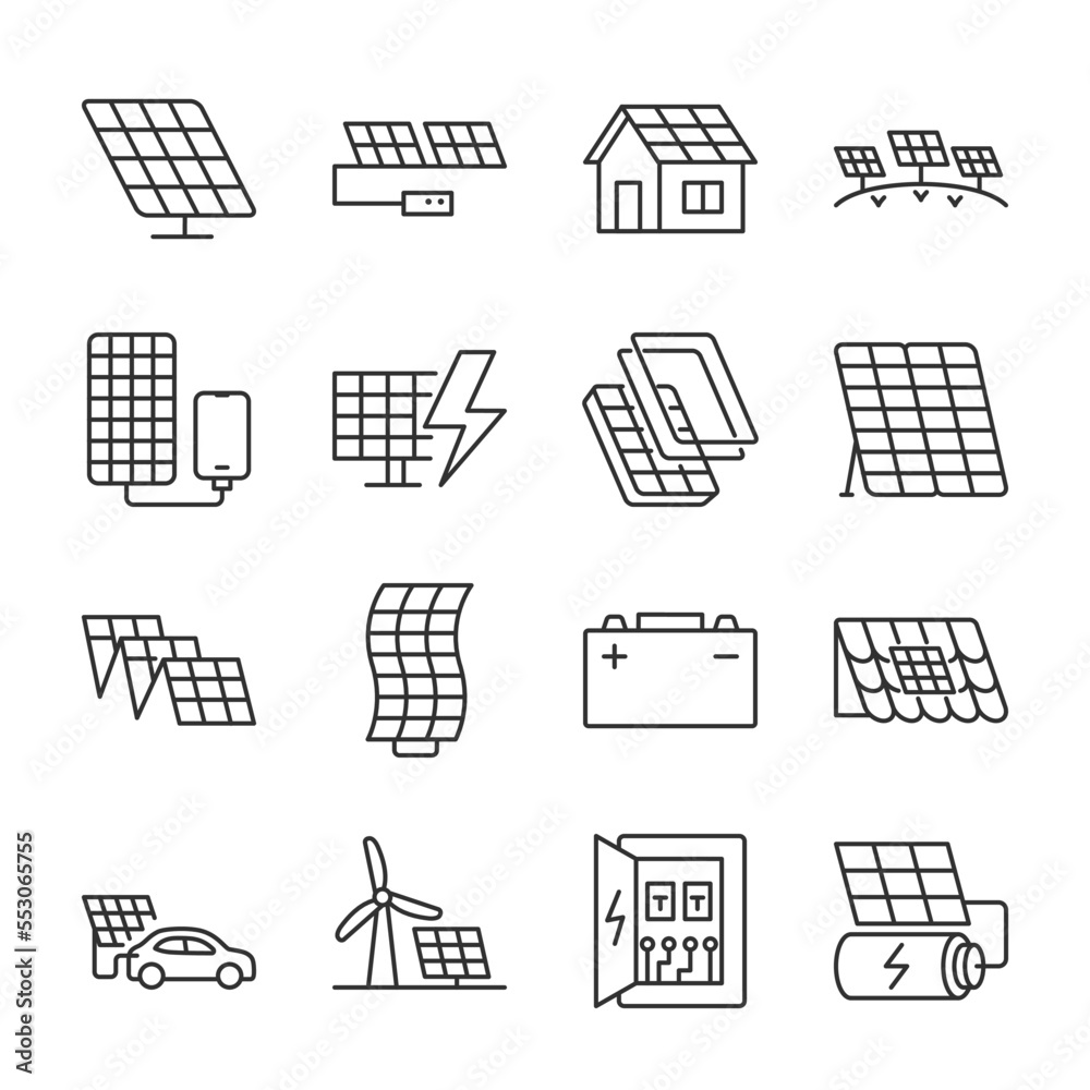 Solar Panel icons set. photo-voltaic module of various shapes, linear ...