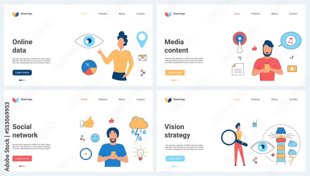 Social media content strategy, vision and online data set vector ...