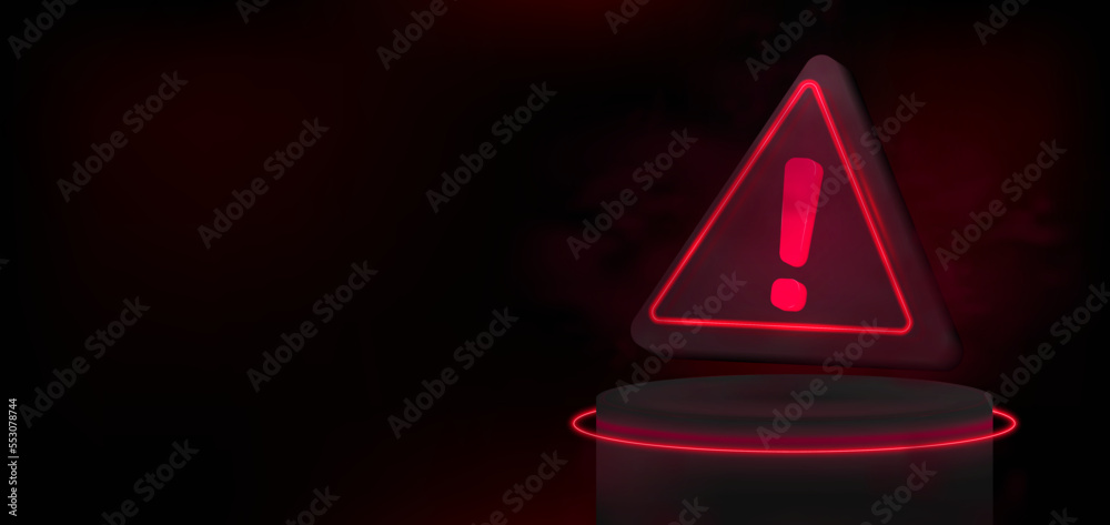 Dark banner with 3D red triangle warning sign. The concept of warning ...