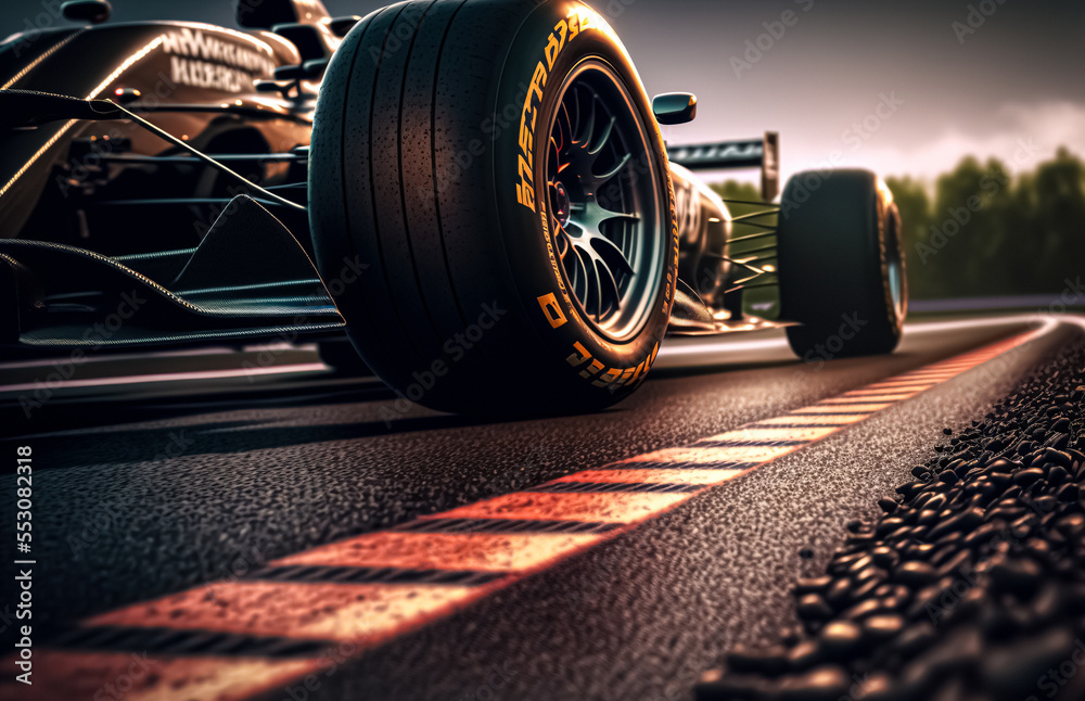 Asphalt of the international race track with a race car at the start ...