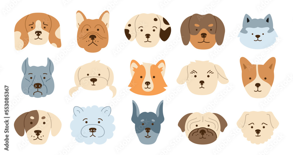 Dog faces emotion cartoon character set. Cute puppy kawaii head muzzle ...