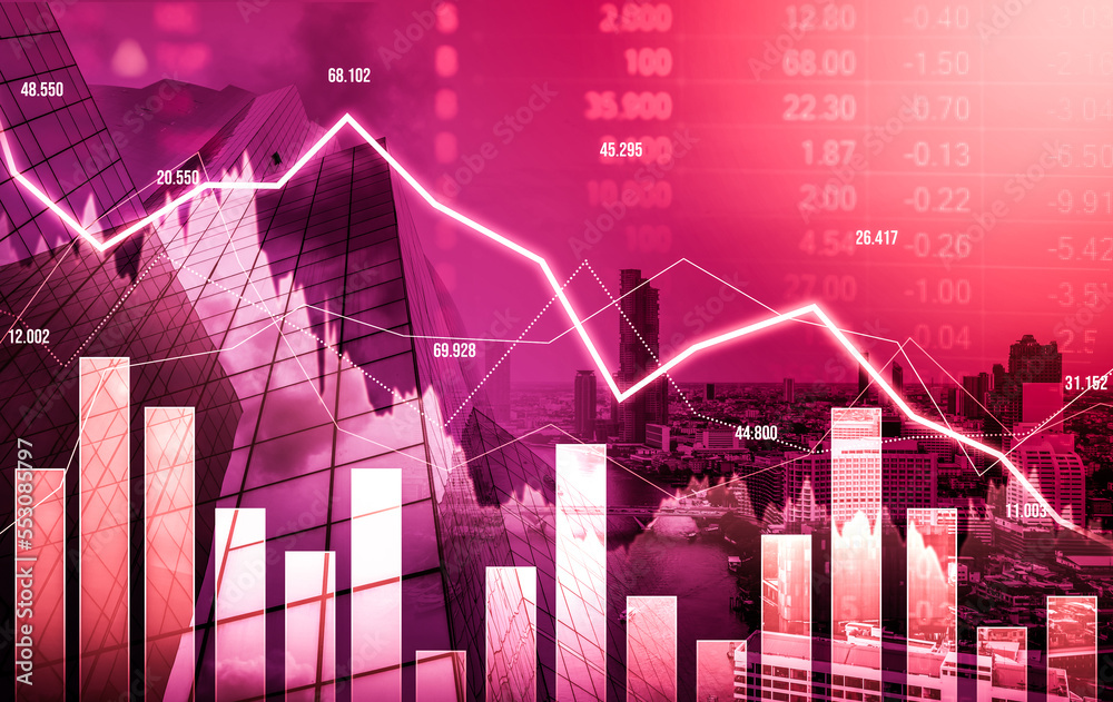 Stock market crash, declined economic, graph falling down and digital ...