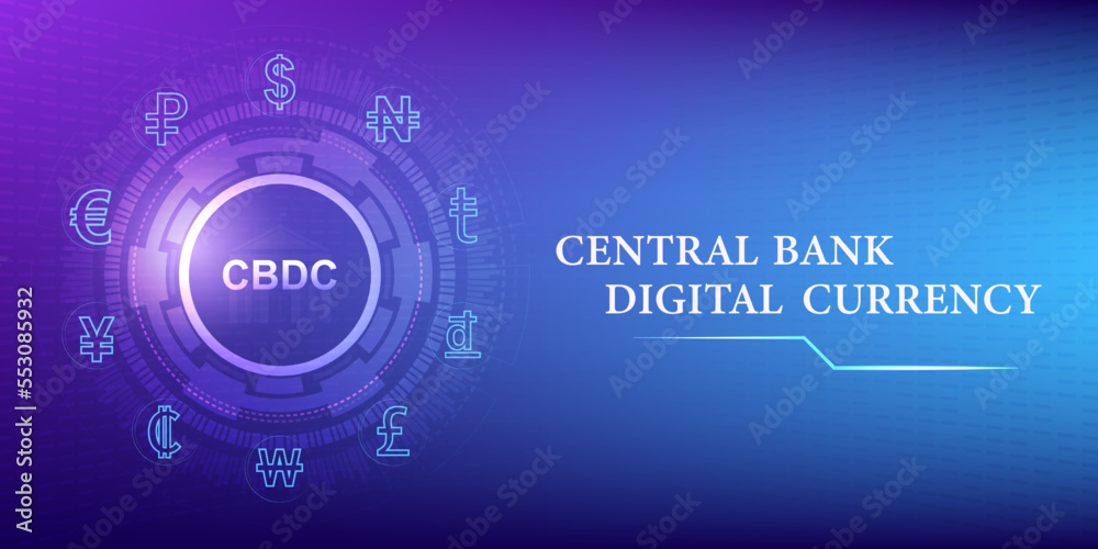 Central bank digital currency CBDC, futuristic digital currency on tech color background. It ...