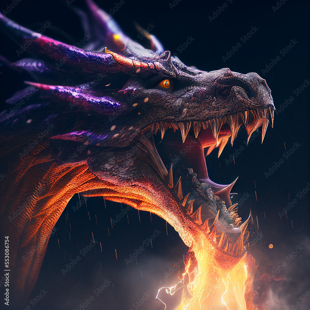 menacing scary dragon breathes fire, Generative AI Stock Illustration ...