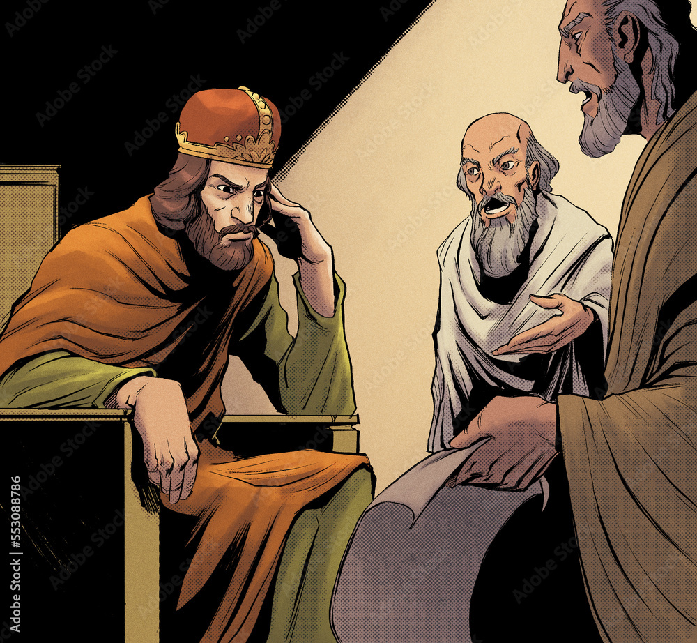 anguished king sitting on the throne listening to the advice of the ...
