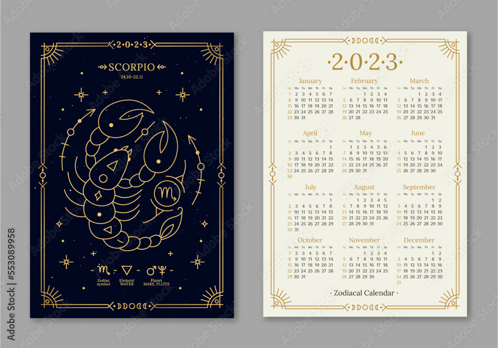 Year 2023 calendar template with Scorpio golden zodiac symbol. Pocket ...