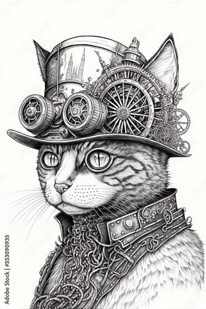 steampunk cat coloring page, generated image Stock Illustration | Adobe ...
