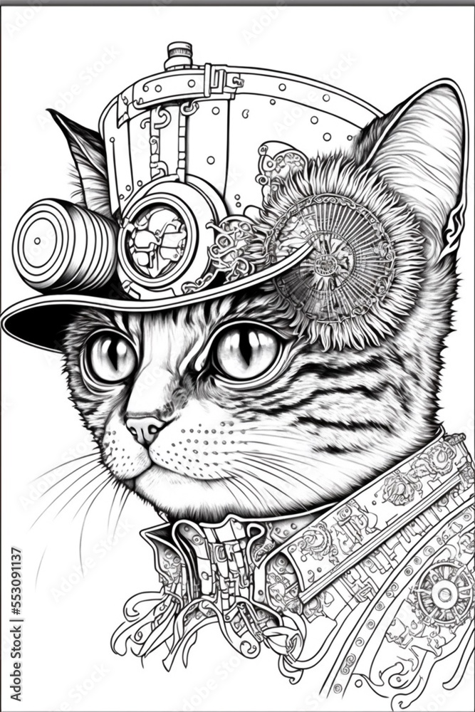 steampunk cat coloring page, generated image Stock Illustration | Adobe ...