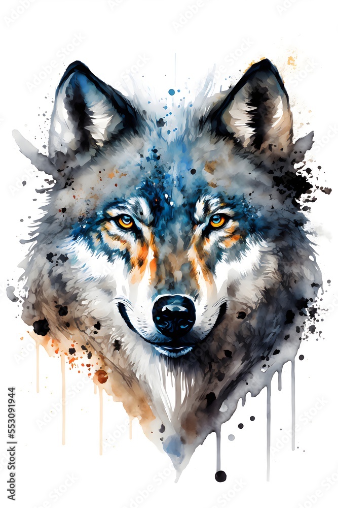 This abstract illustration features a wolf standing in a pool of ink ...