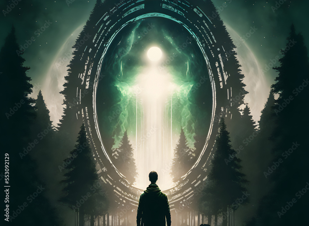 An alien portal has been spotted in the middle of a thick forest. Stock ...
