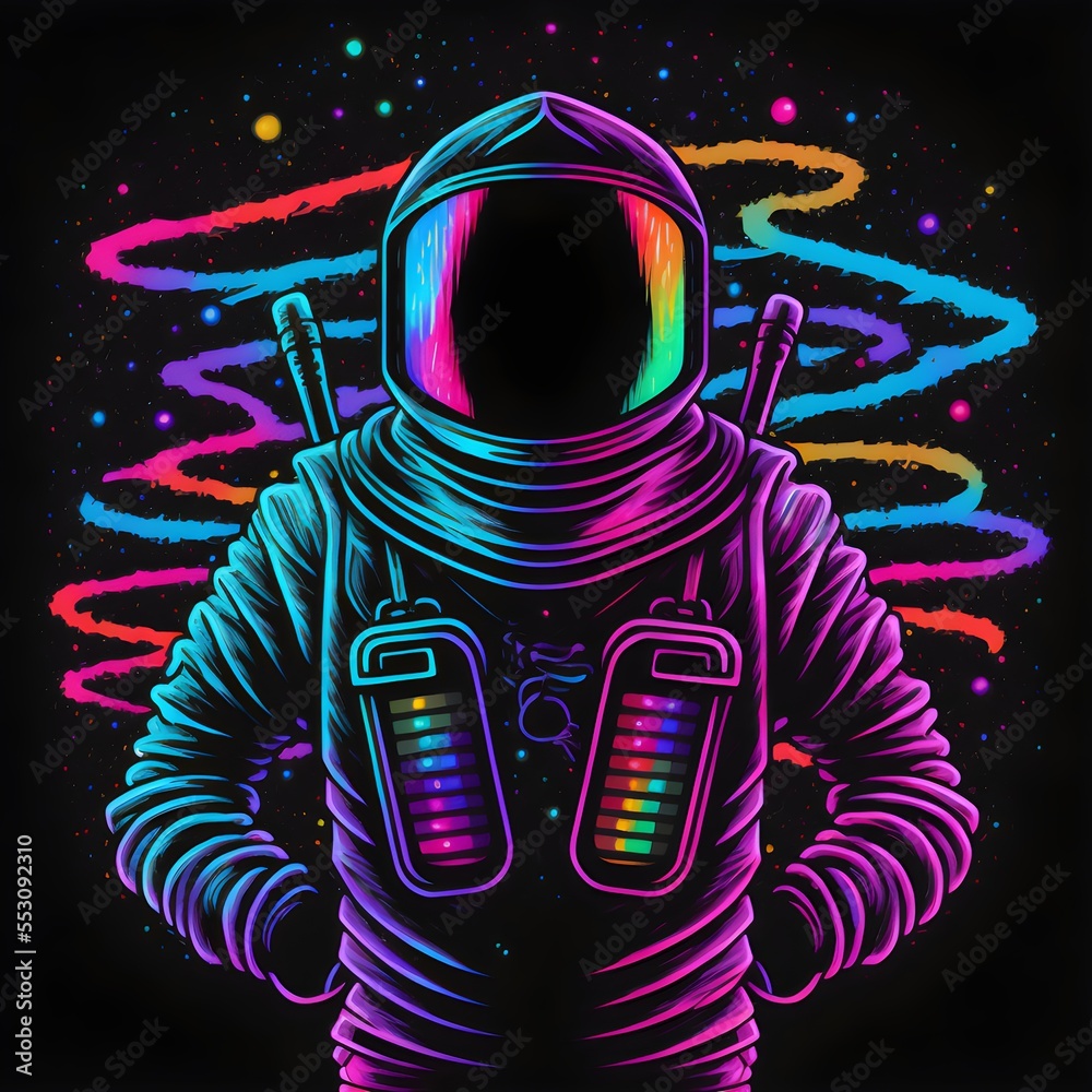 This space-themed neon light art depicts an astronaut with a futuristic ...