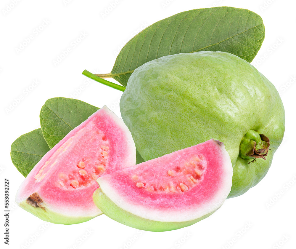 Pink guava fruit with leaf on white background, Fresh Pink guava on ...