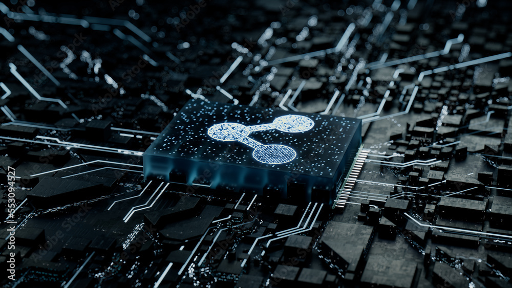 Network Technology Concept with share symbol on a Microchip. Data flows ...