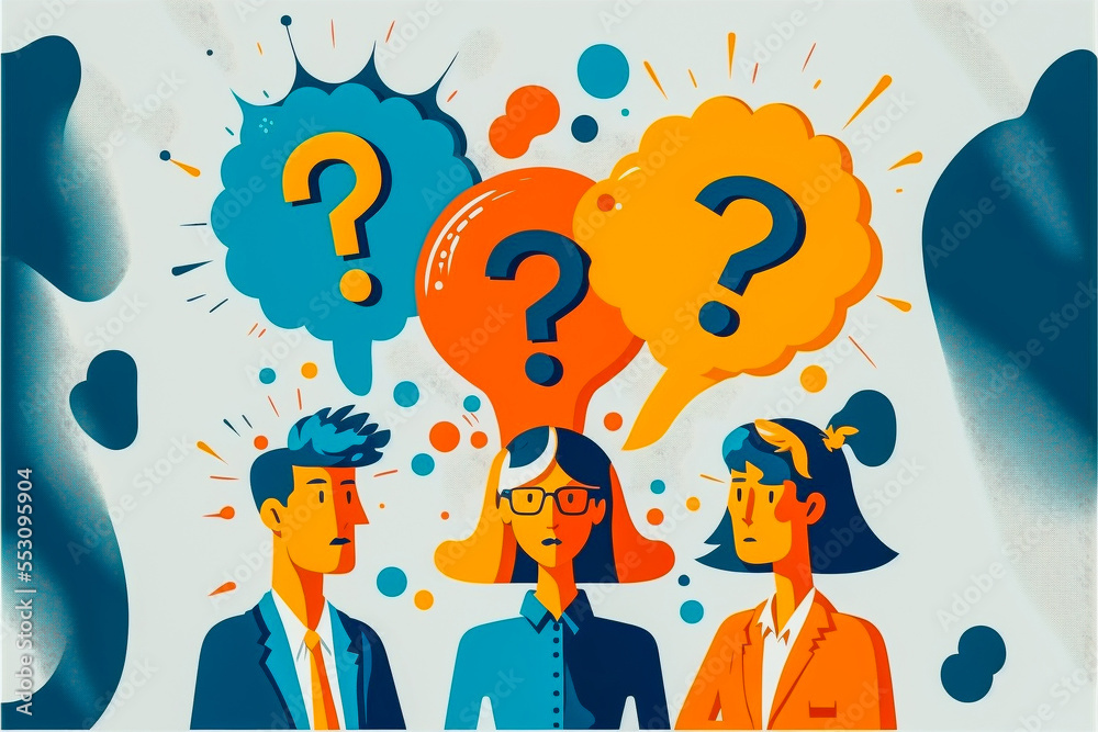 Animated graphic featuring people with questions. Indicated with many ...
