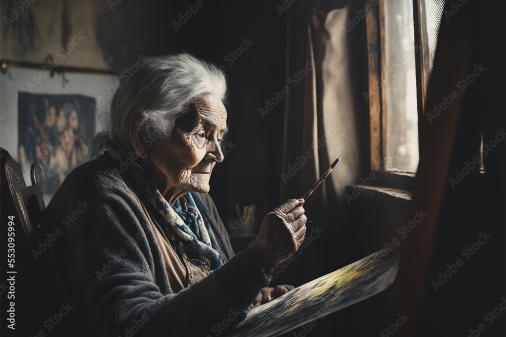 Mature old woman artist creating a painting on canvas in studio with ...