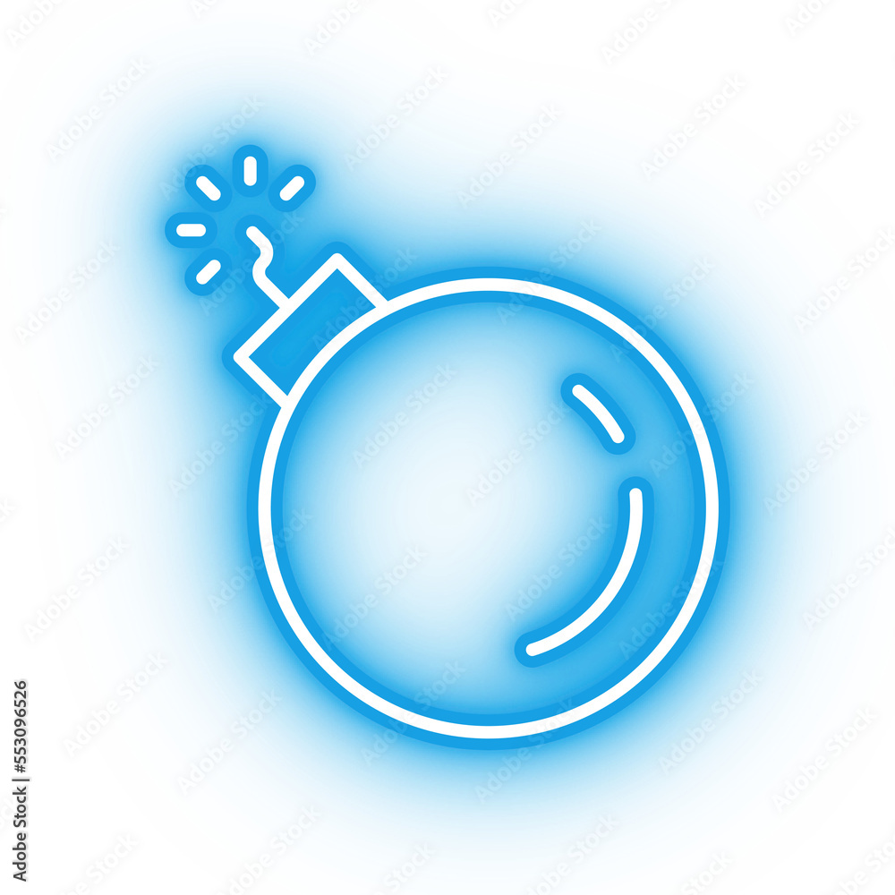 Neon blue bomb icon, glowing ticking explosive on transparent ...