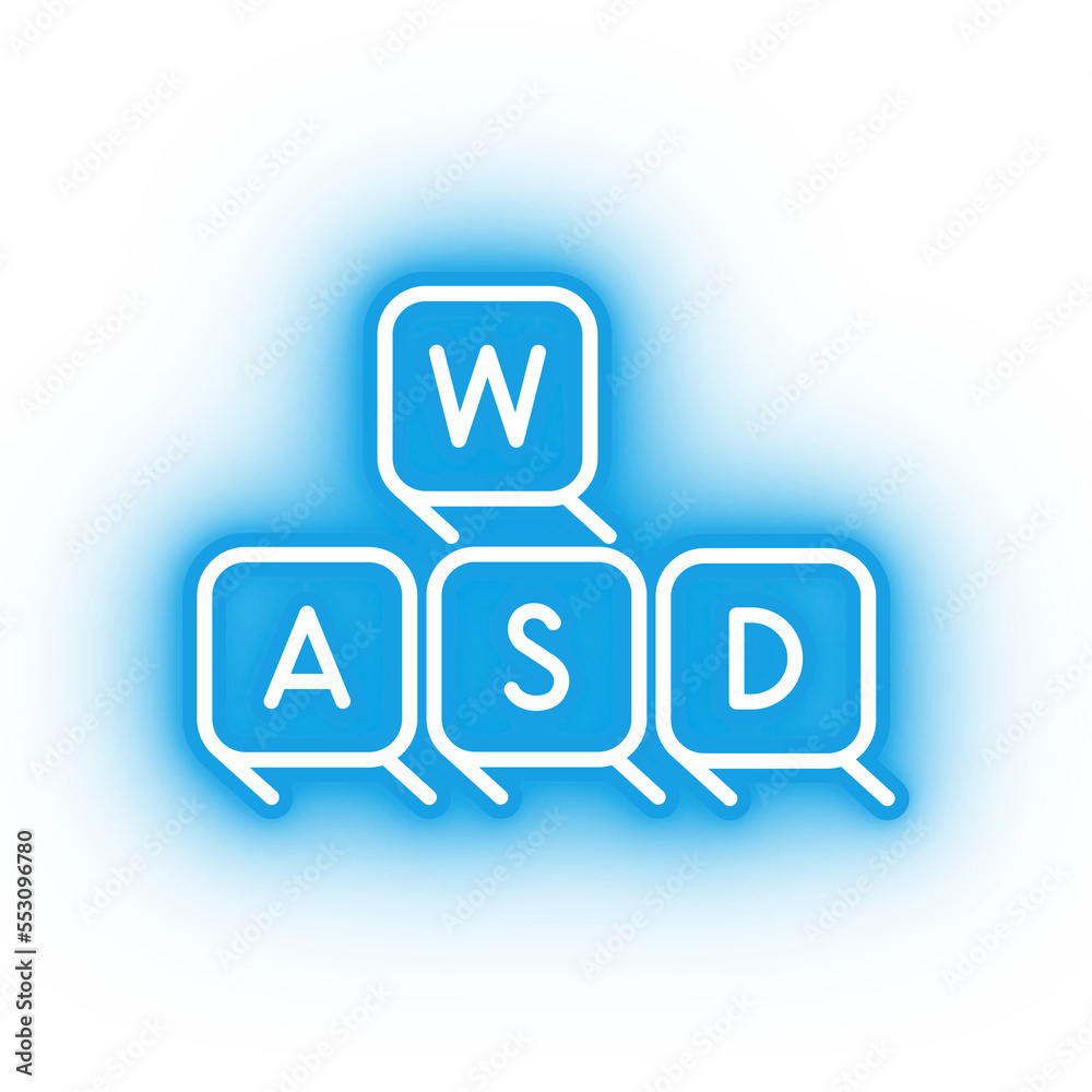 Neon blue wasd keys icon, computer keyboard on transparent background ...
