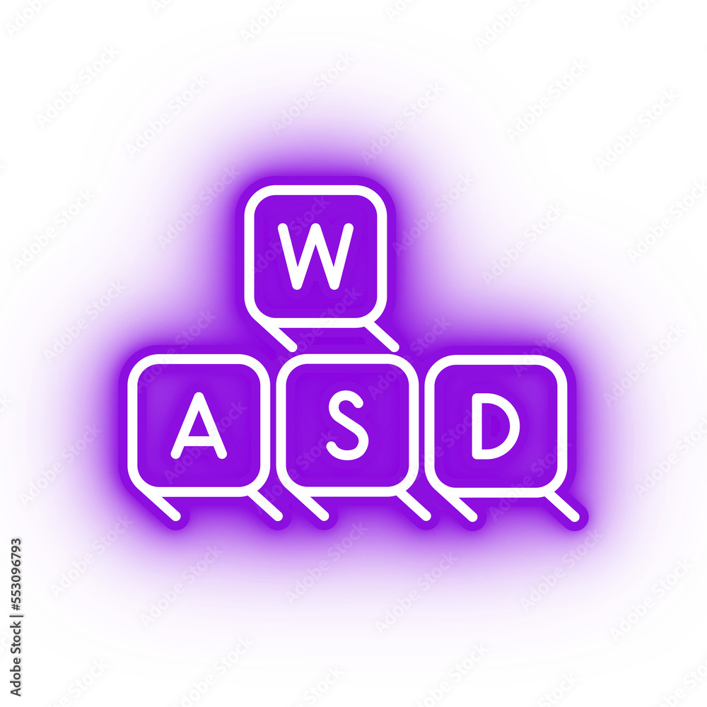 Neon purple wasd keys icon, computer keyboard on transparent background ...