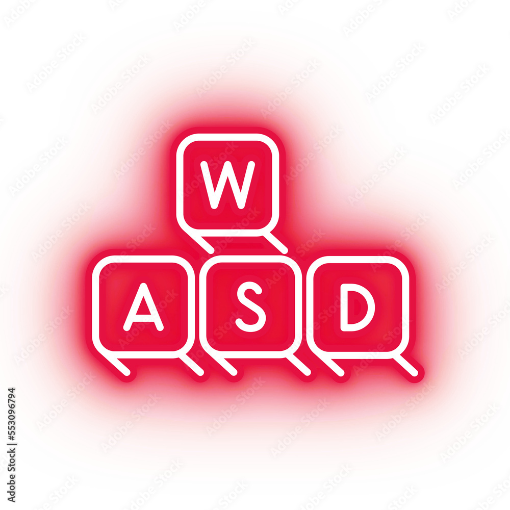 Neon red wasd keys icon, computer keyboard on transparent background ...