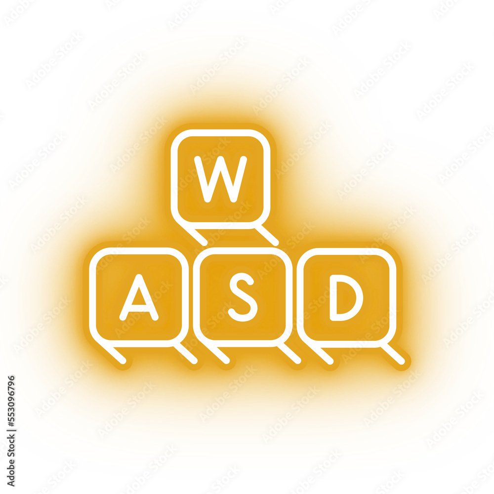 Neon yellow wasd keys icon, computer keyboard on transparent background ...