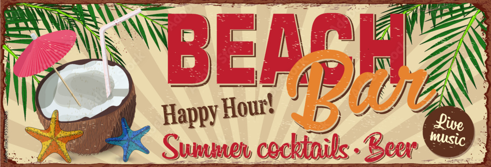 Vintage Beach Bar poster.Summer cocktails,beach,palm metal sign. Stock ...