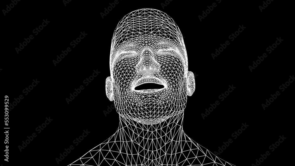 Talking mesh head. Speaking head with grid texture. Animated speaking ...