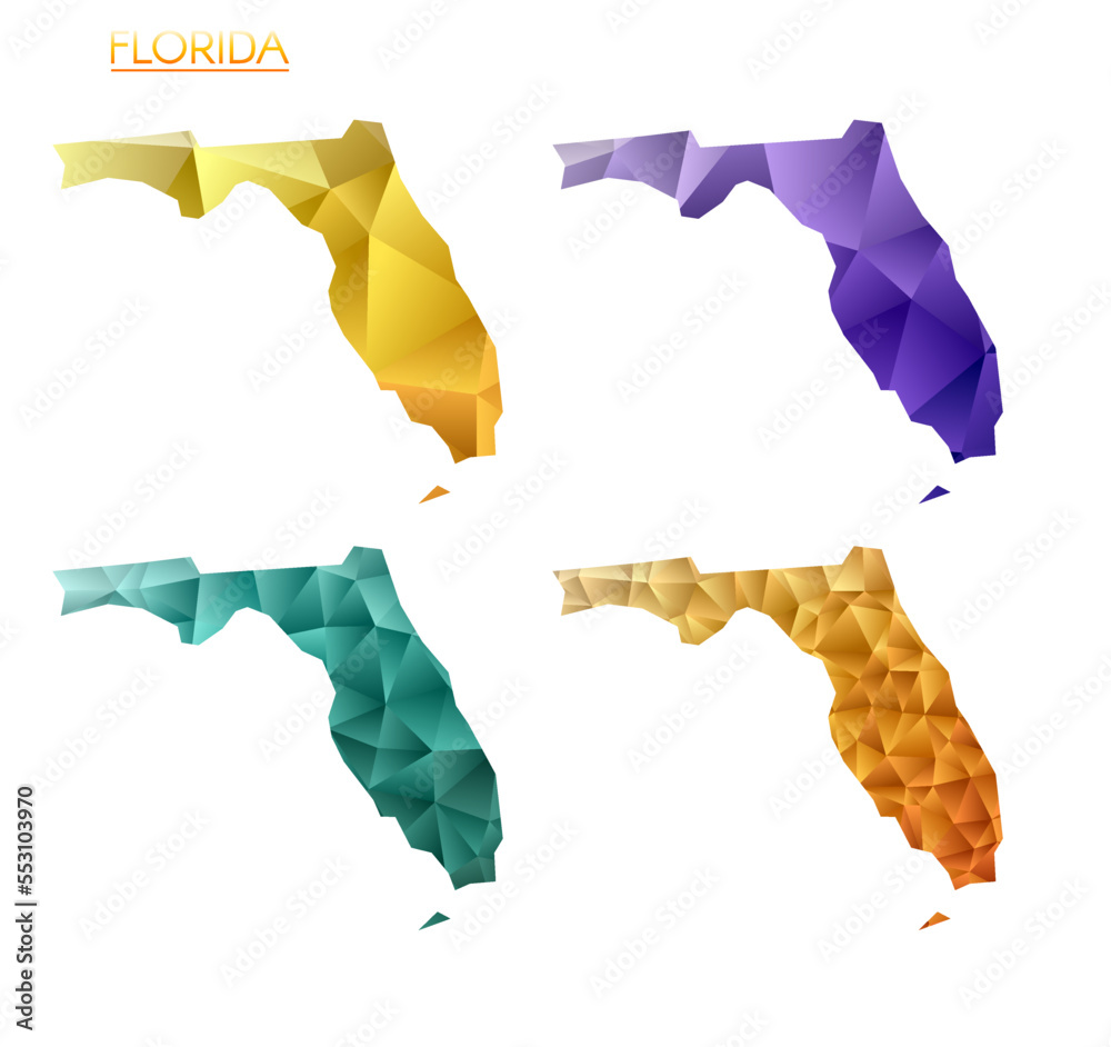 Vetor de Set of vector polygonal maps of Florida. Bright gradient map ...