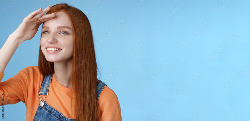 Girl look far distance turn left hold hand forehead cover eyes hot ...