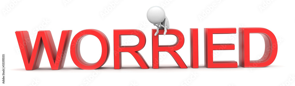 3d man worrying and sitting on the top of worried text concept Stock ...