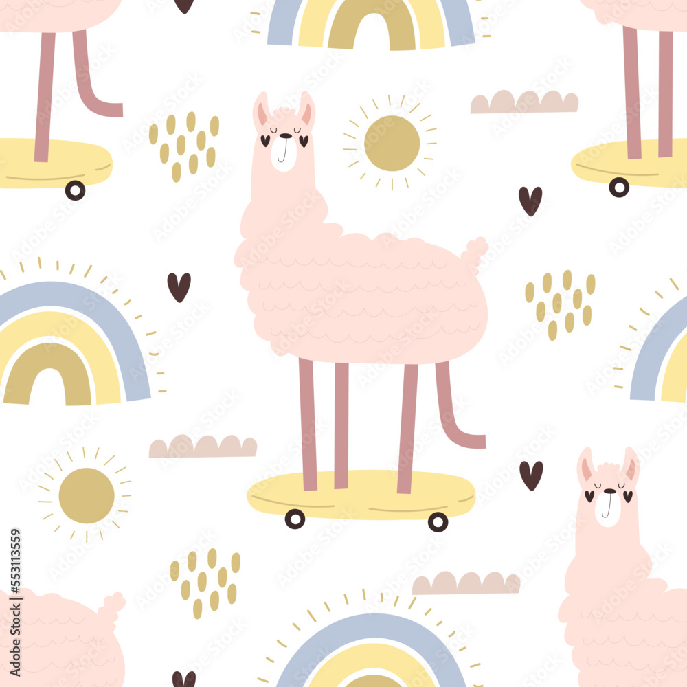 Seamless pattern with cartoon llamas, decor elements. colorful vector for kids, flat style. hand ...