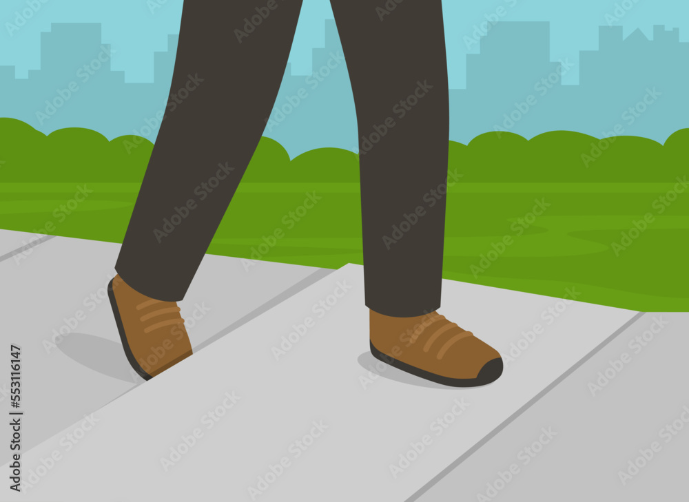 Pedestrian safety rules and tips. Character walking on sidewalk and ...