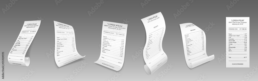 Bills, receipts, paper cheques, purchase invoices. Supermarket shopping ...
