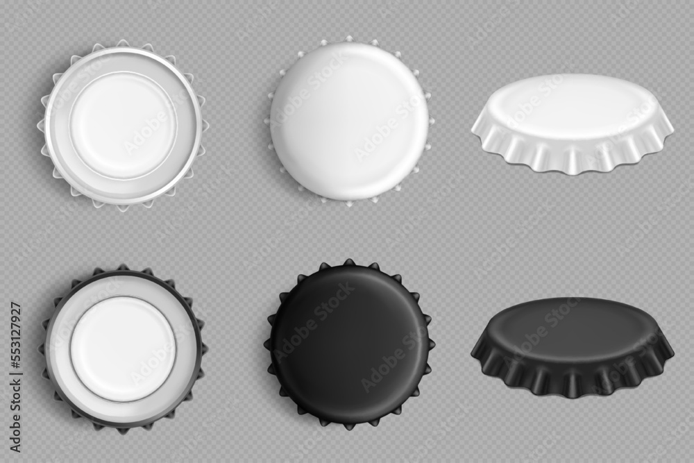 Metal caps for bottles of beer, soda, cola or juice. Black and white ...