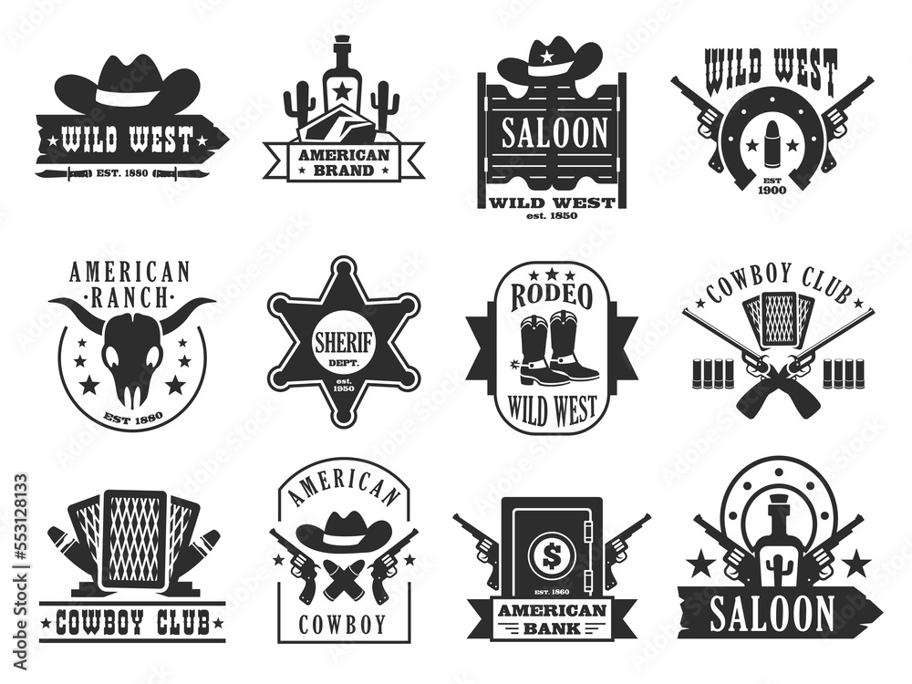 Wild west logo. Western american cowboy badges with cactus horse lasso ...