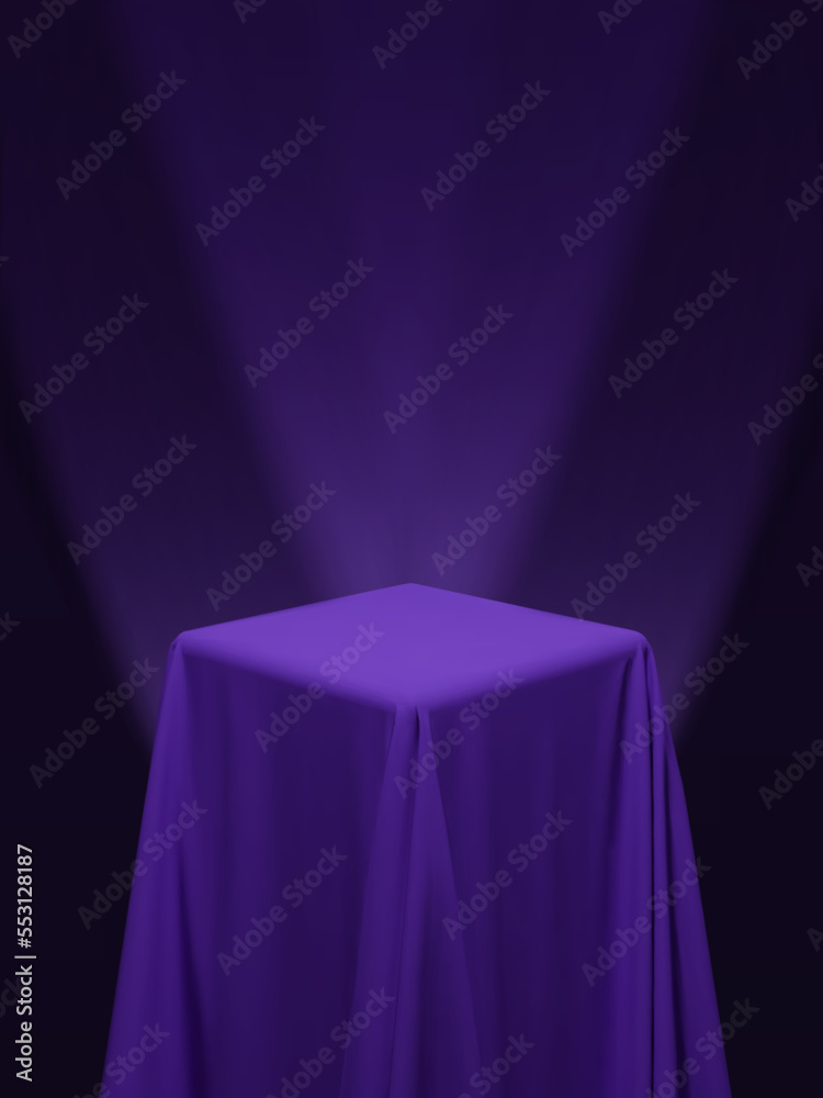 Purple fabric covering a cube or a table, with purple background and ...