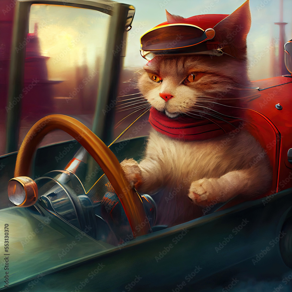 Drawing of a cat behind the whell of an oldtimer car (Generative AI ...