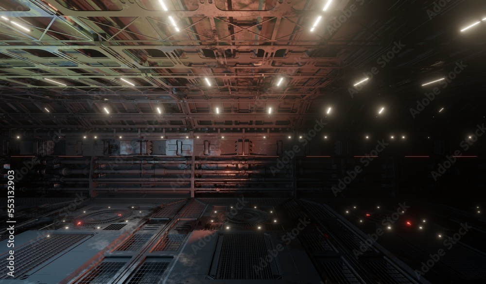 Sci-fi laboratory underground industrial with lighting in dark scene 3D ...