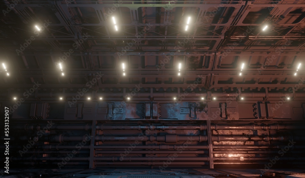 Underground laboratory corridor metal grate with lighting in dark scene ...