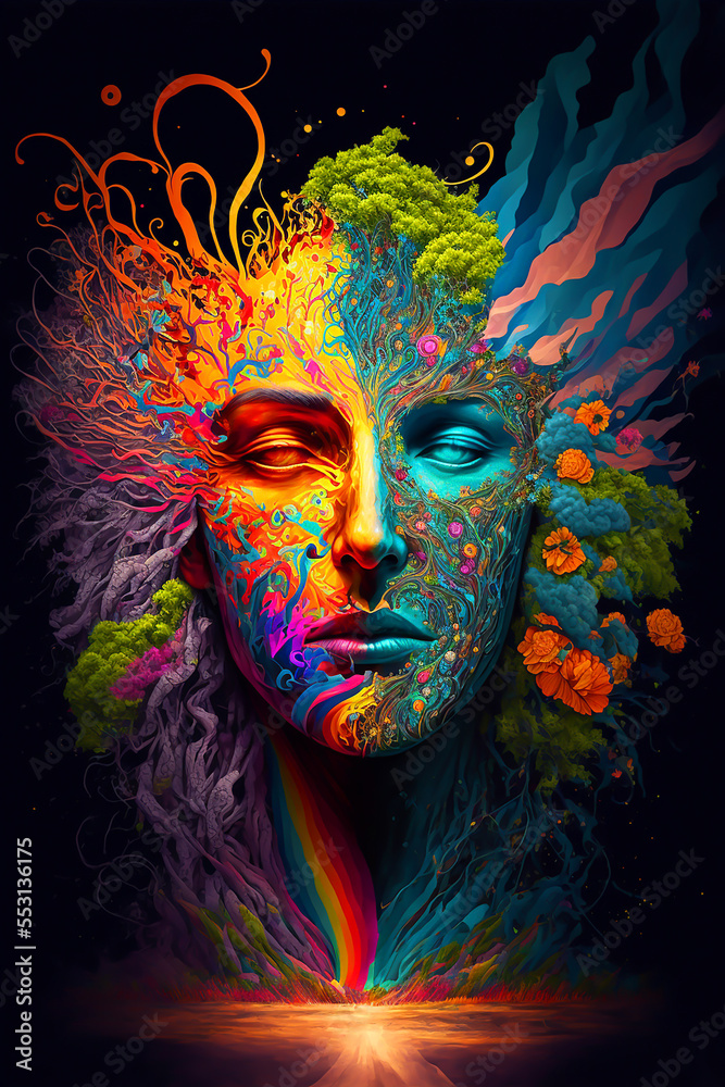 psychedelic portrait human, Colorful psychedelic portrait of an ...