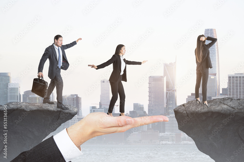 Bright image of team helping each other walk through obstacle on ...