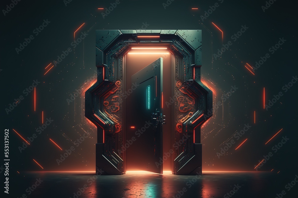 Futuristic door in cyber space. Digital Data center portal dor ...