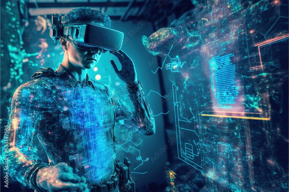 VR technology in industry. Man in VR glasses in virtual reality in hud ...